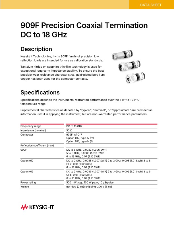 909F Precision Coaxial Termination DC to 18Ghz PDF Asset Page | Keysight