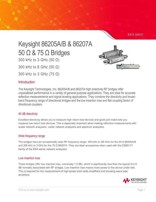 86205A/B & 86207A 50 Ohm & 75 Ohm RF Bridges PDF Asset Page | Keysight