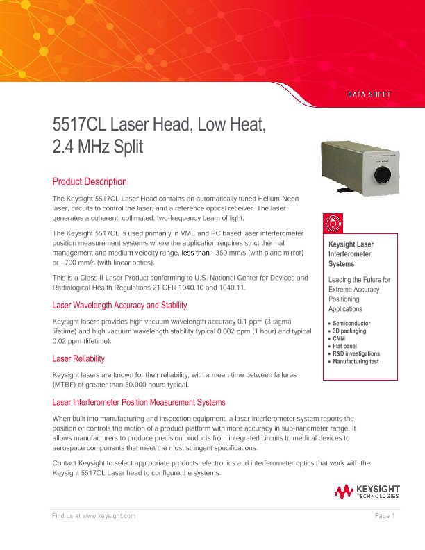 5517CL Laser Head, Low Heat, 2.4 MHz Split PDF Asset Page | Keysight