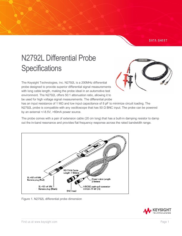 N2792L Differential Probe Specifications PDF Asset Page | Keysight