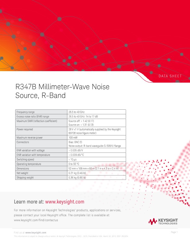 R347B Millimeter-Wave Noise Source, R-Band PDF Asset Page | Keysight