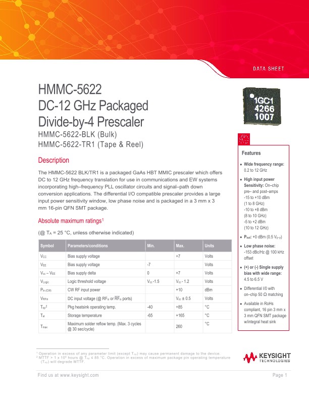 HMMC-5622 DC-12 GHz Packaged Divide-by-4 Prescaler PDF Asset Page ...