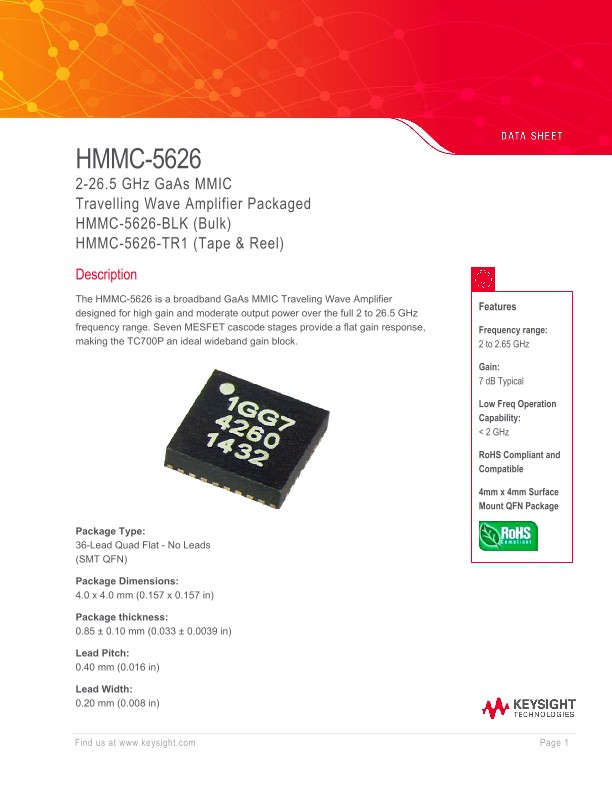 HMMC-5626 – 2-26.5 GHz GaAs MMIC PDF Asset Page | Keysight