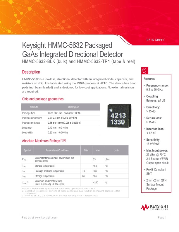 HMMC-5632 Packaged GaAs Integrated Directional Detector PDF Asset Page ...