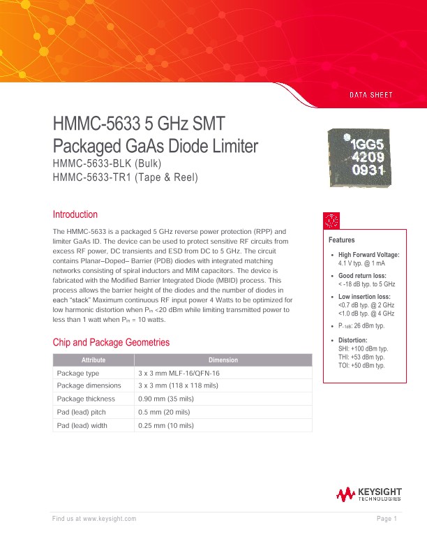 HMMC-5633 5 GHz SMT Packaged GaAs Diode Limiter PDF Asset Page | Keysight