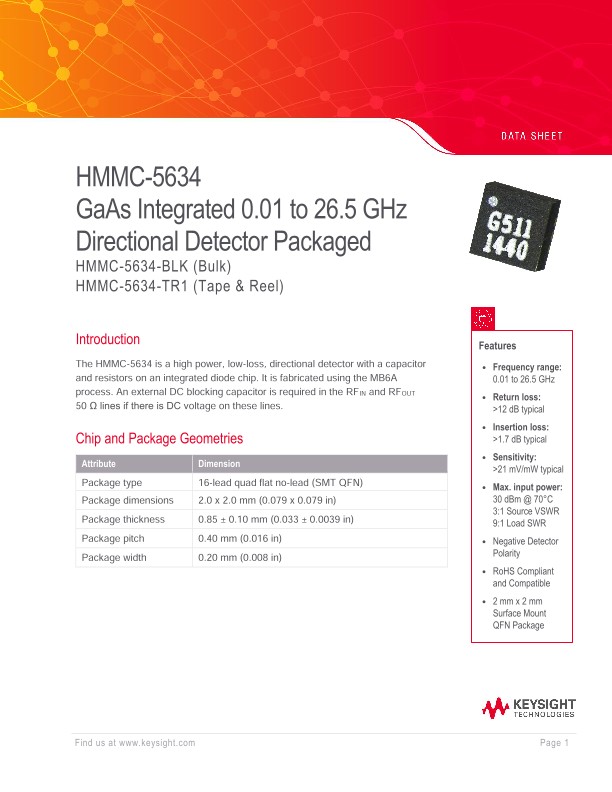 HMMC-5634 GaAs Integrated 0.01-26.5 GHz Directional Detector Packaged ...
