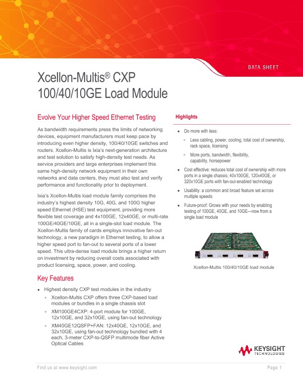 Xcellon-Multis® CXP 100/40/10GE Load Modules PDF Asset Page | Keysight