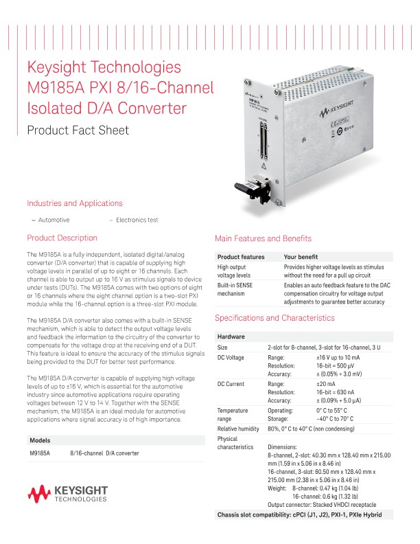 M9185A PXI 8/16-Channel Isolated D/A Converter PDF Asset Page | Keysight